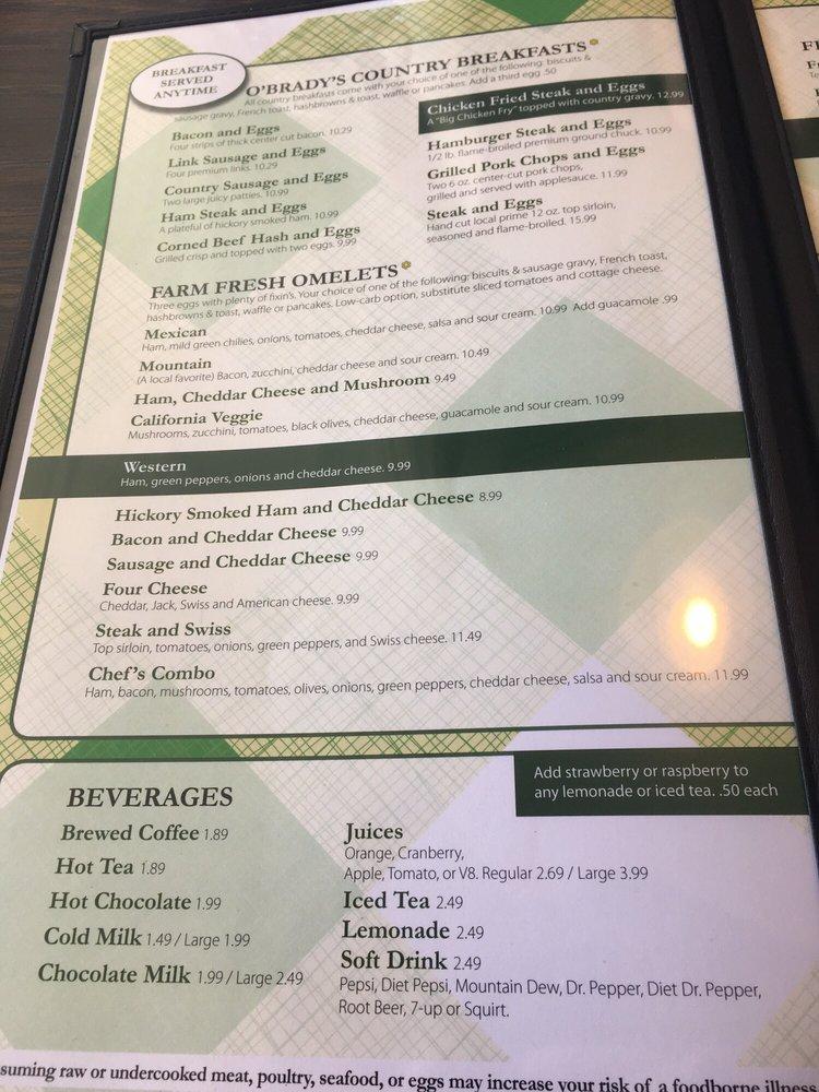 Menu at O'Brady's Family Restaurant, Idaho Falls