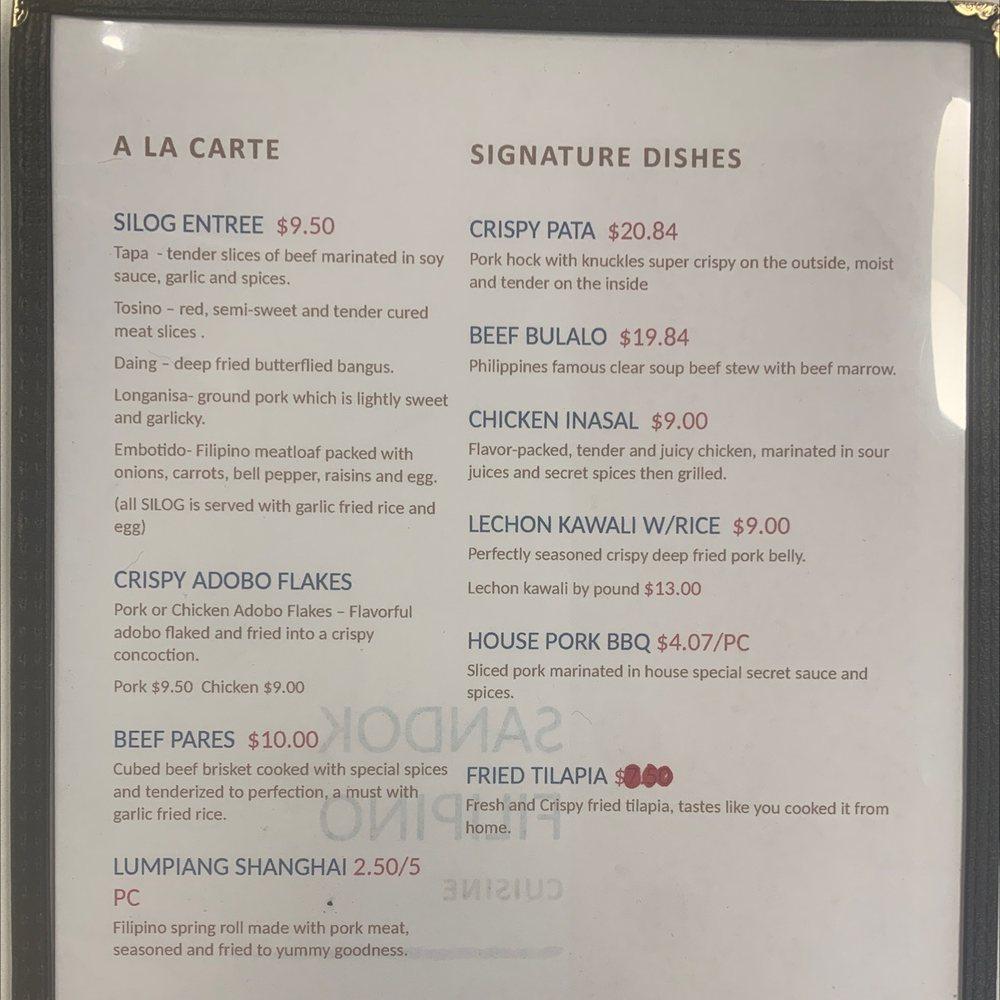 Menu at Sandok Filipino Cuisine restaurant, Chula Vista