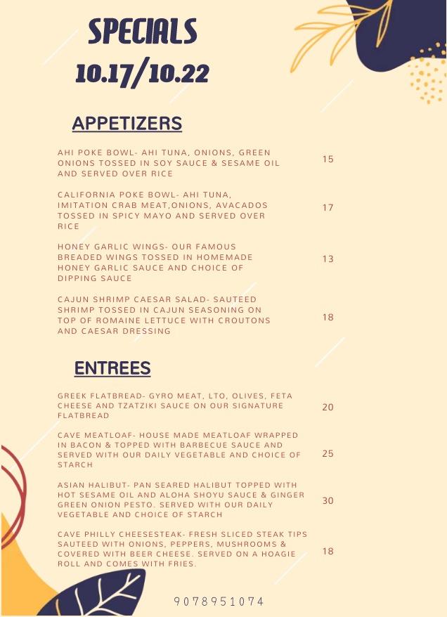 Menu at The Cave steakhouse, Delta Junction