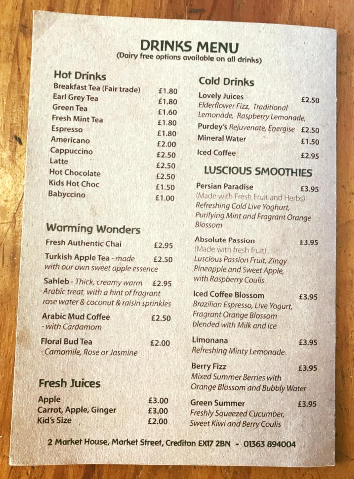 Menu at Baobab Cafe, Crediton