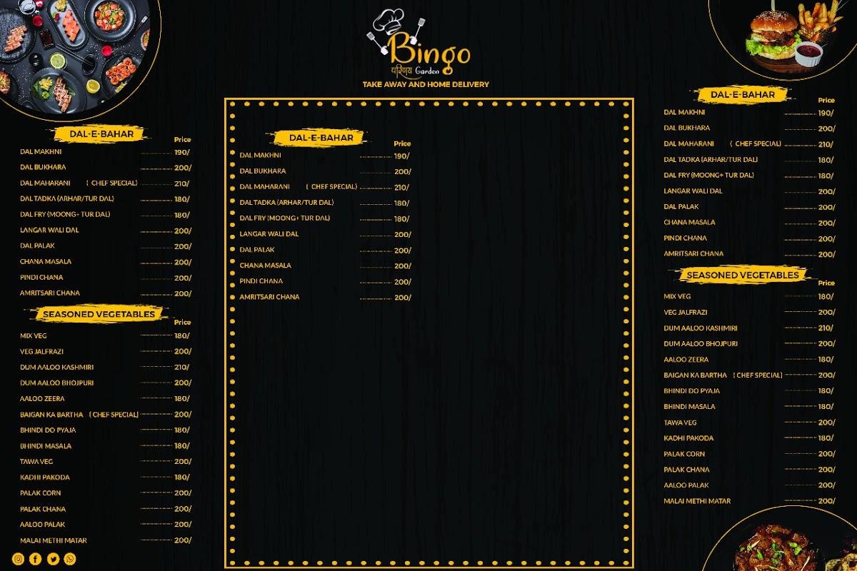 Menu at Bingo Hotel, Kurukshetra