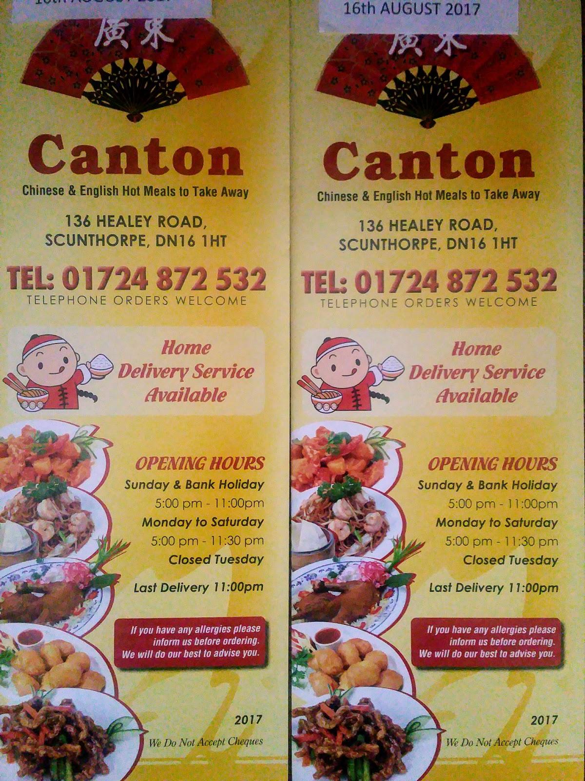 Menu at Canton Chinese Take Away restaurant, Scunthorpe