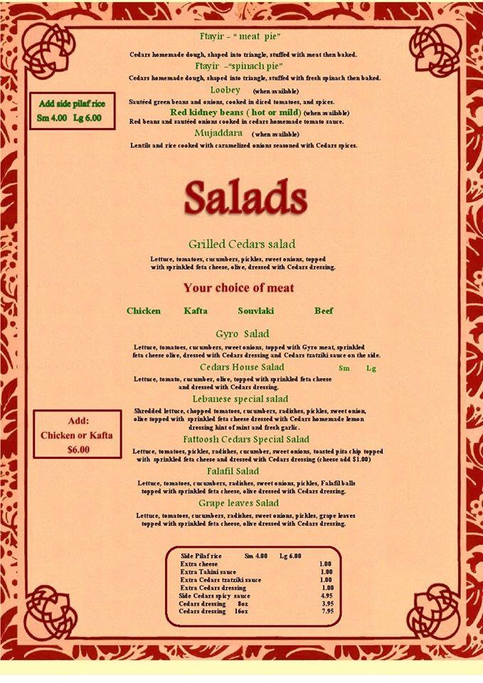 Menu at Cedars Mediterranean Cuisine restaurant, McMurray, Washington Rd