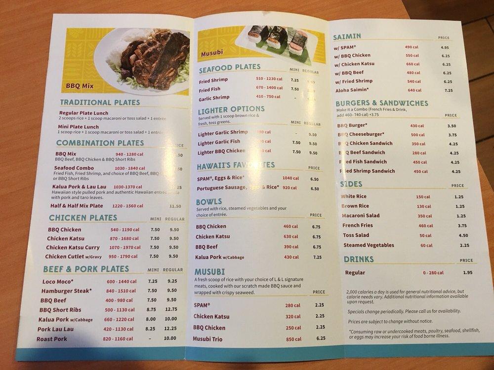 Menu at L&L Hawaiian Barbecue, Tacoma