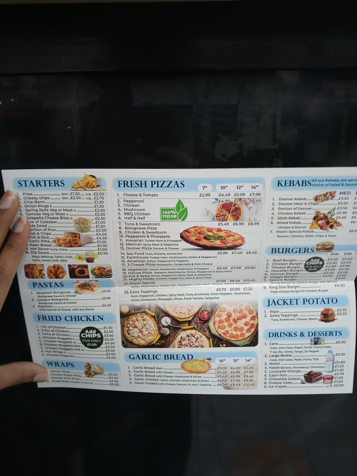 Menu at Pizza Miami restaurant, Liverpool