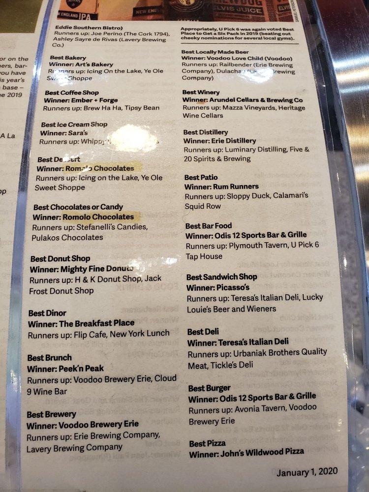 Menu at Romolo Chocolates cafe, Erie