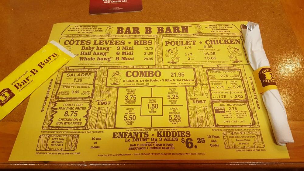 Menu au Bar-B-Barn, Pointe-Claire, Sources