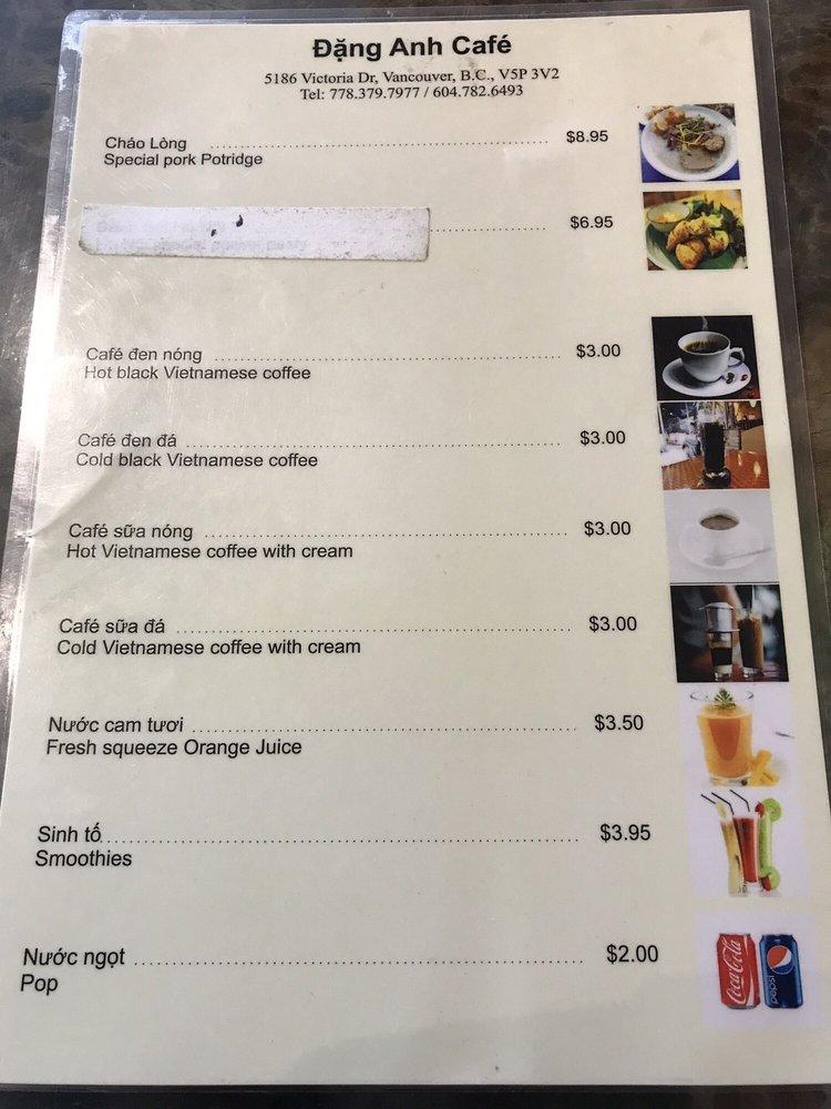 Menu at Cafe Dang Anh, Vancouver