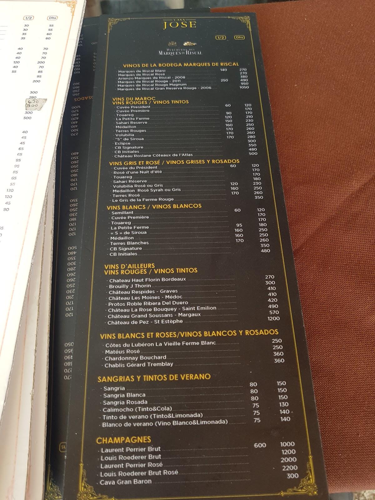 Menu au Casa Jose restaurant, Bouskoura