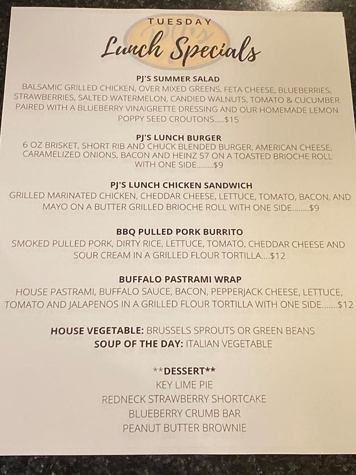 Menu at PJ's Smoke 'N' Grill pub & bar, Medway, 112 Main St