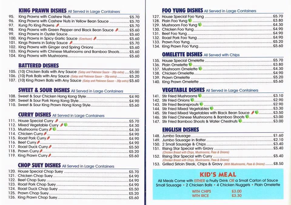 Menu at Rising Star restaurant, Tonypandy