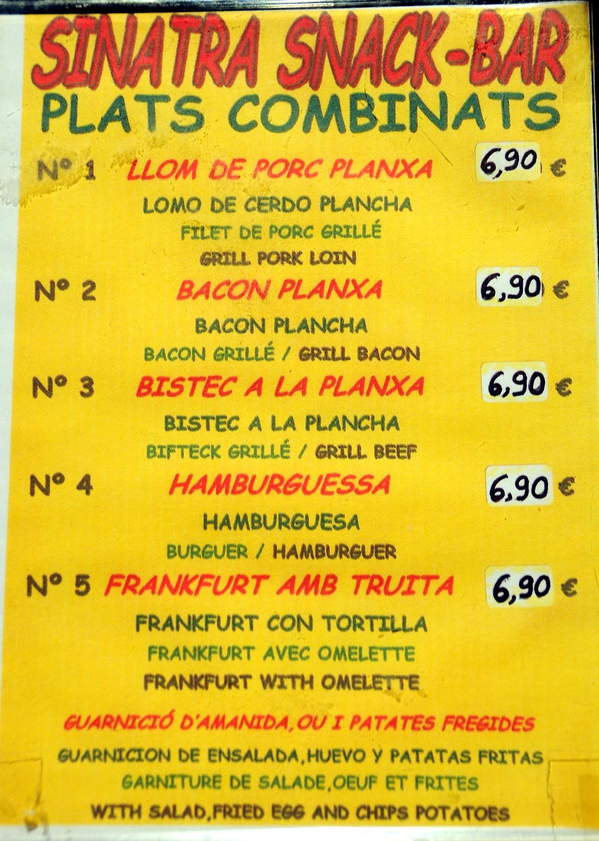 Menu at SNACK BAR SINATRA, Les Escaldes