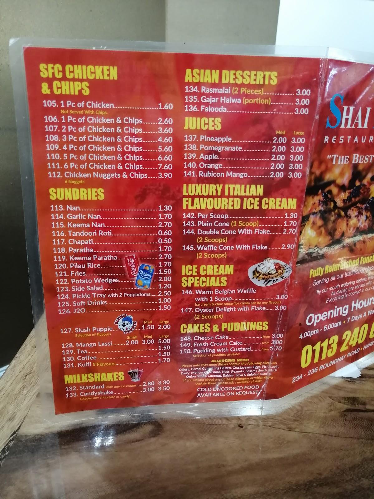 Menu at Shai Nan Kebab fast food, Leeds