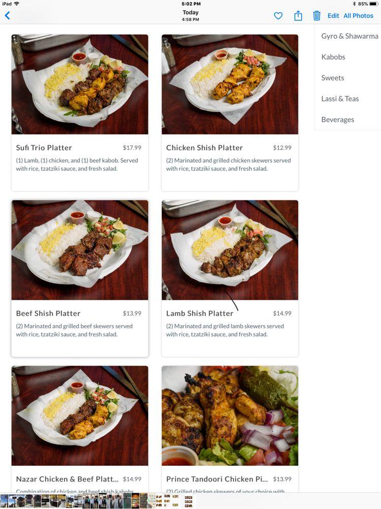 Menu at Sufi Kabob restaurant, Corpus Christi