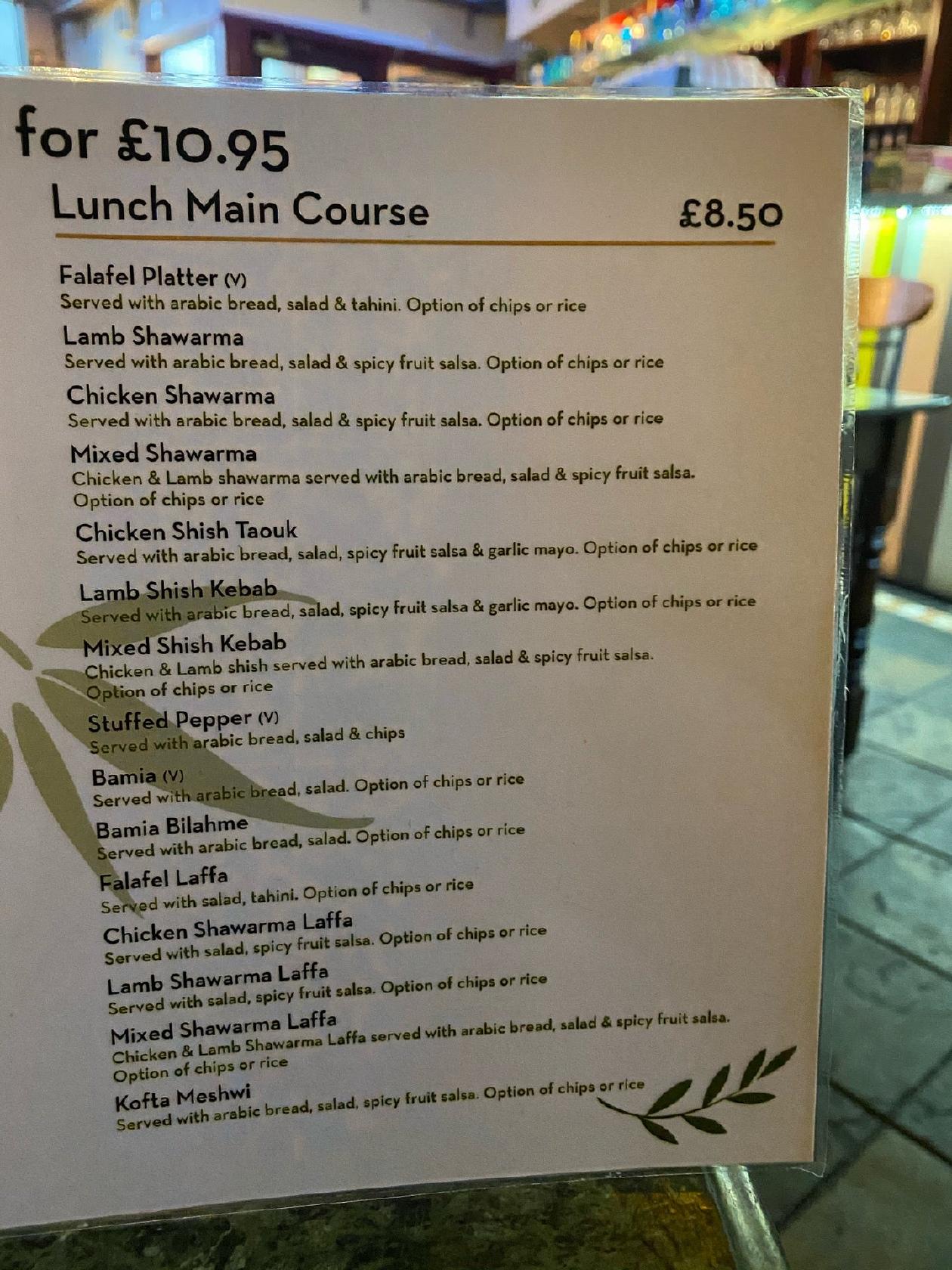 Menu at Tahini restaurant, Dundee