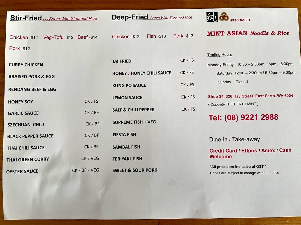 Menu at The Mint Asian - Noodle & Rice restaurant, East Perth