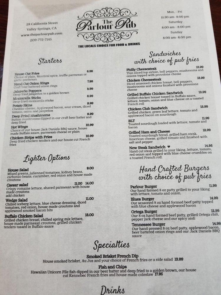 Menu at The Parlour Pub, Valley Springs