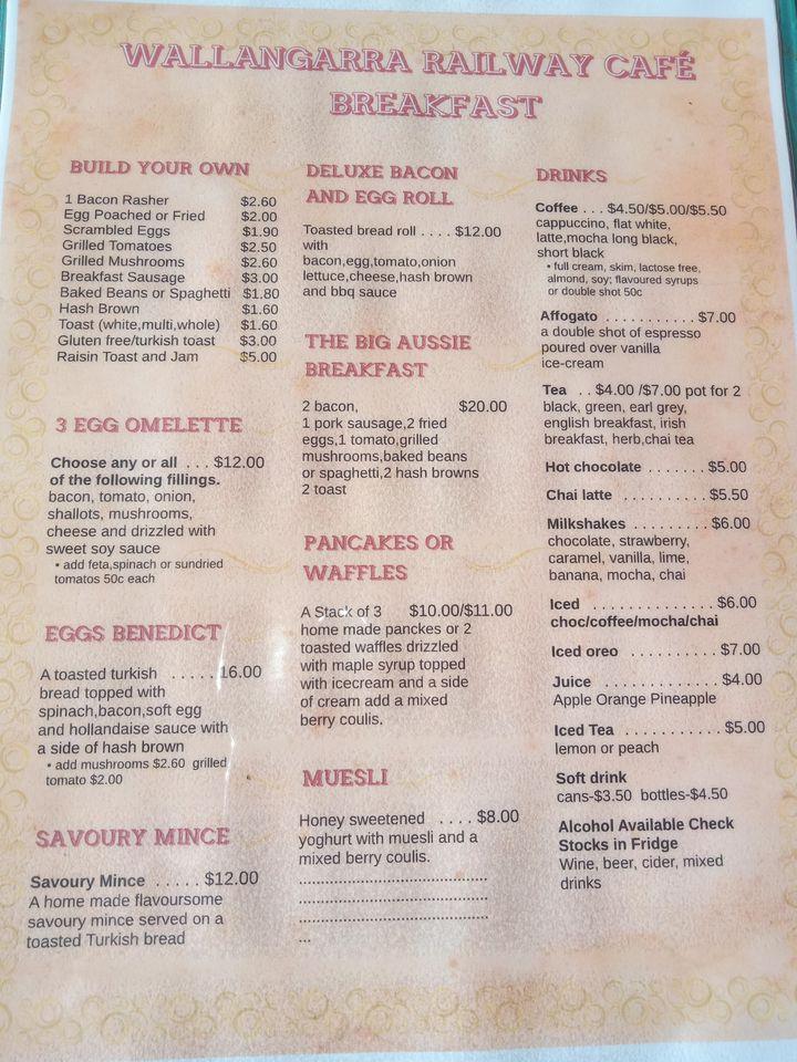 Menu at Wallangarra Railway Cafe, Wallangarra