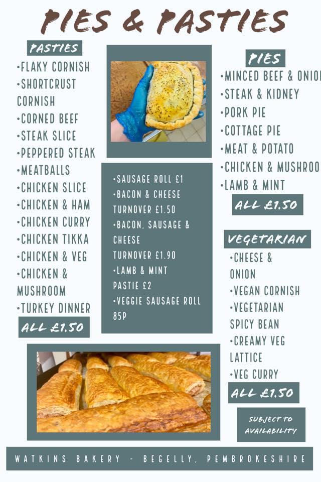 Menu at Watkins Bakery, Begelly