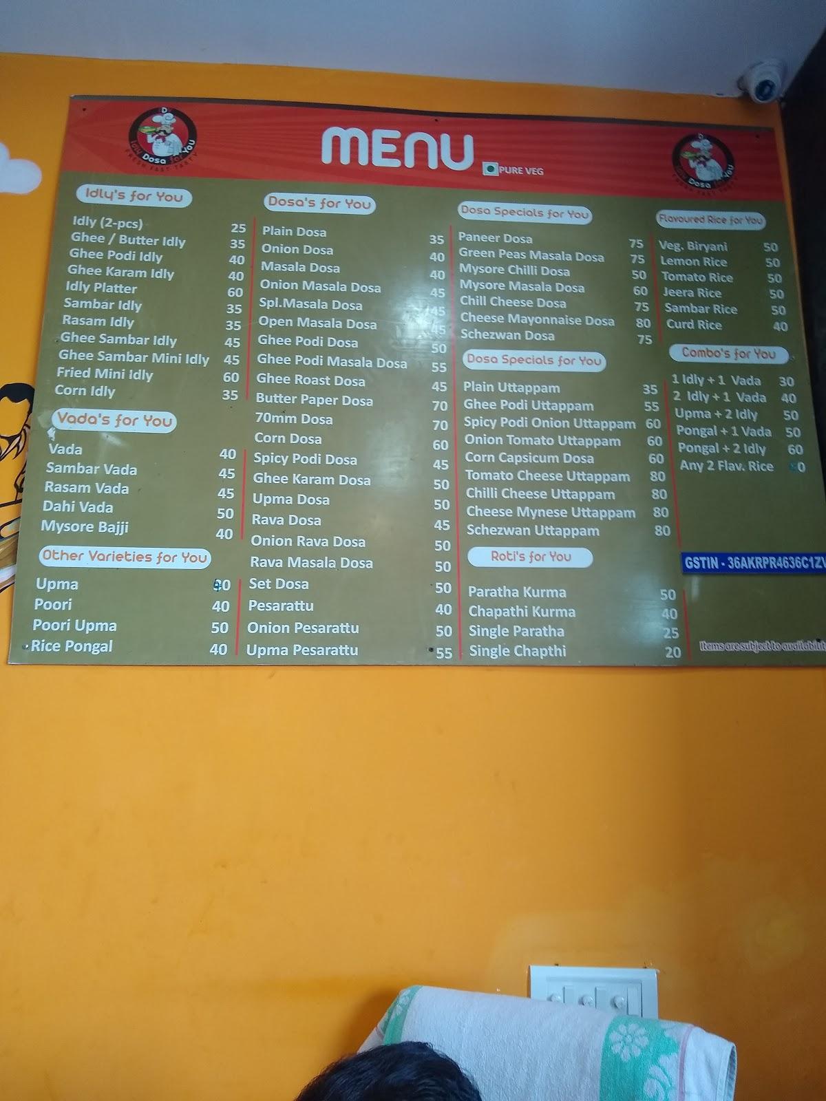 Menu at IDLY DOSA FOR YOU, Hyderabad, 4