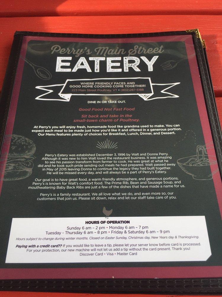 Menu at Perry’s Main Street Eatery restaurant, Poultney