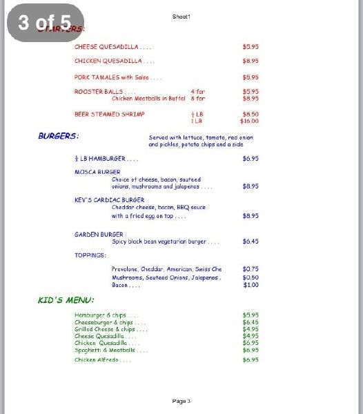 Menu at Mosca's pizzeria, Sunrise Beach Village