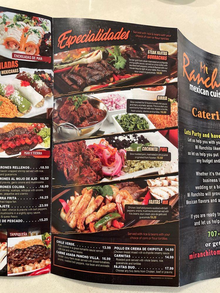 Menu at Mi Ranchito restaurant, Santa Rosa