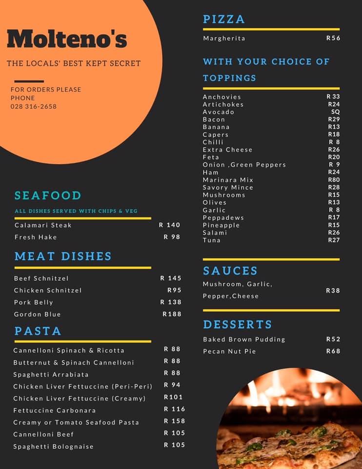 Menu at Moltenos restaurant, Onrus