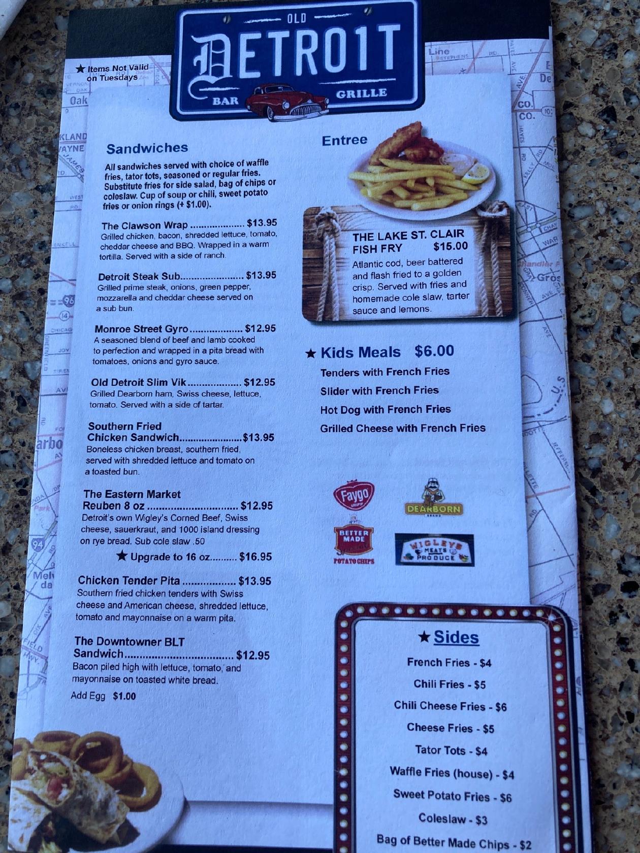 Menu at Old Detroit Burger Bar, Clawson