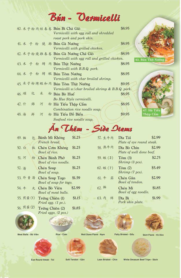 Menu at Pho 68 restaurant, Laredo