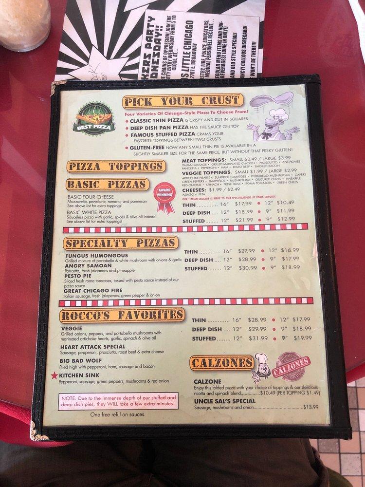 Menu at Rocco's Little Chicago pizzeria, Tucson