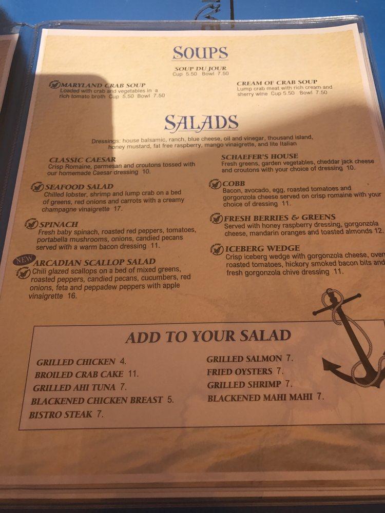 Menu at Schaefer's Canal House restaurant, Chesapeake City, 208 Bank St