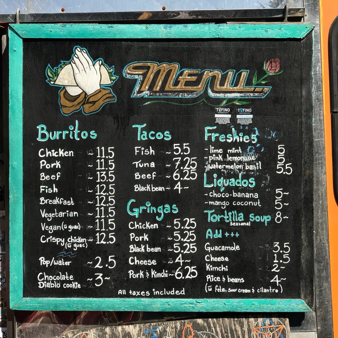 Menu at Tacofino restaurant, Tofino
