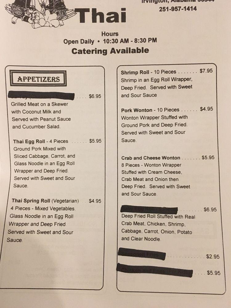 Menu at Taste of Thai restaurant, Irvington, US-90