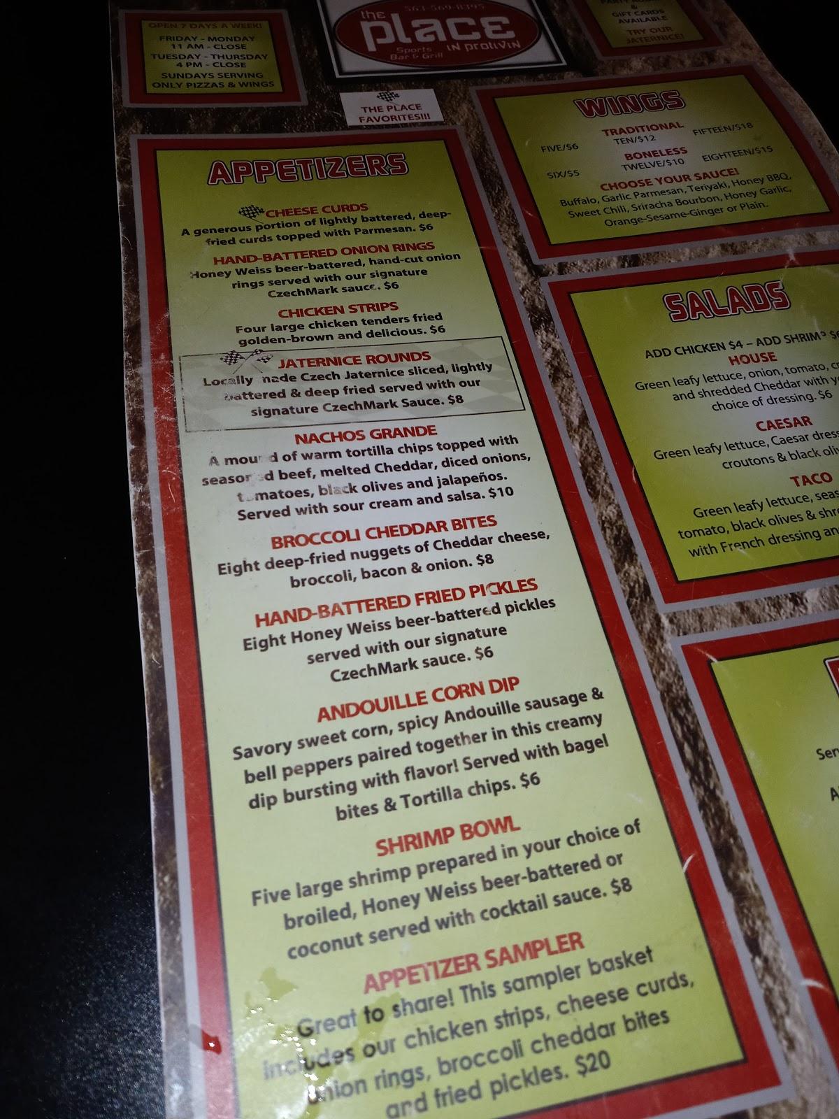 Menu at The Place in Protivin pub & bar, Protivin, 116 S Main St