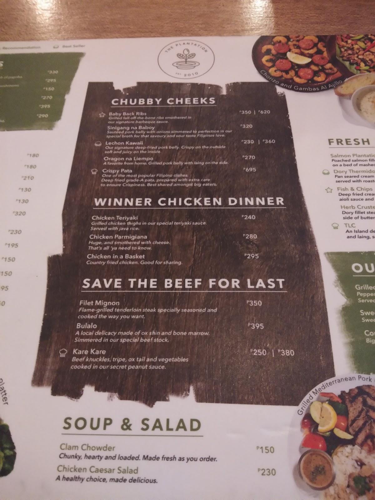 Menu at The Plantation Bar and Bistro, Makati, 102 Valero SALCEDO VILLAGE