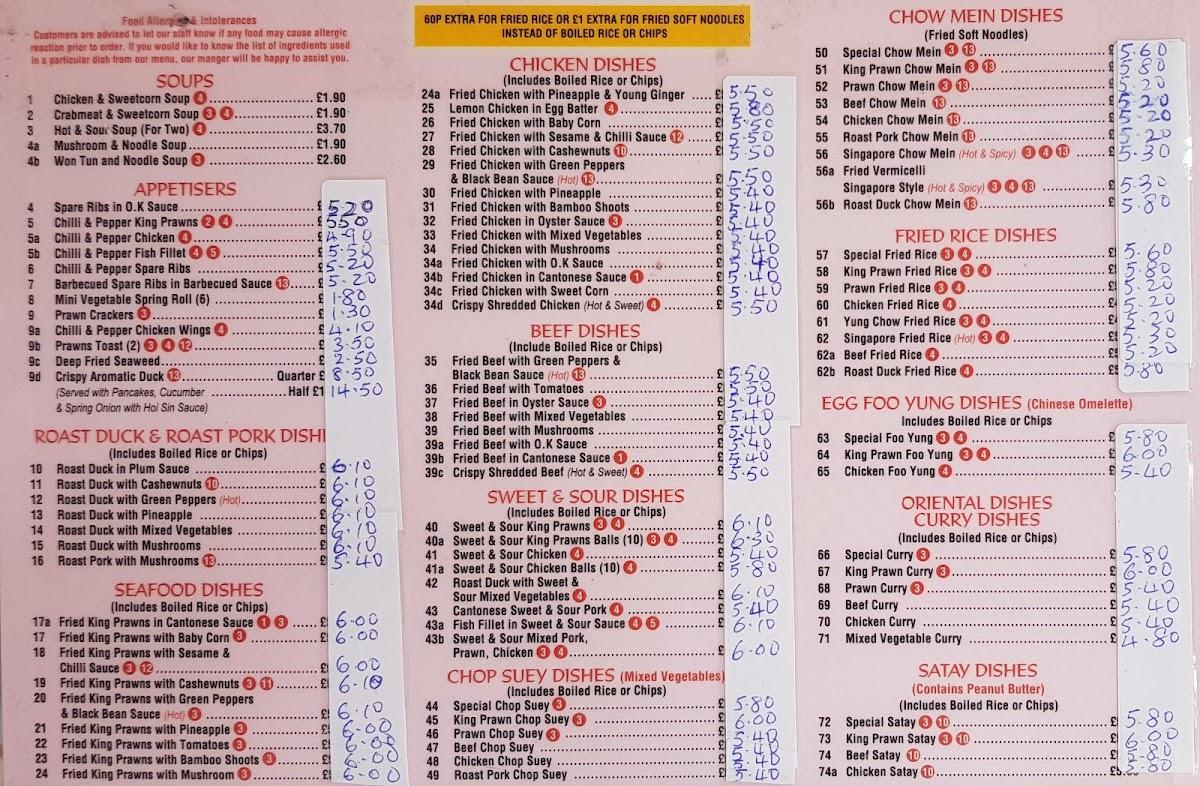 Menu at The Swan Chinese fast food, Manchester