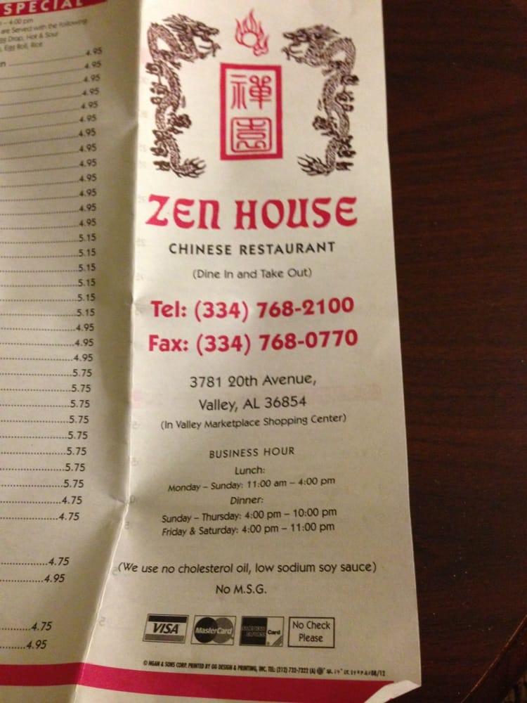 Menu at Zen House Chinese Restaurant, Valley