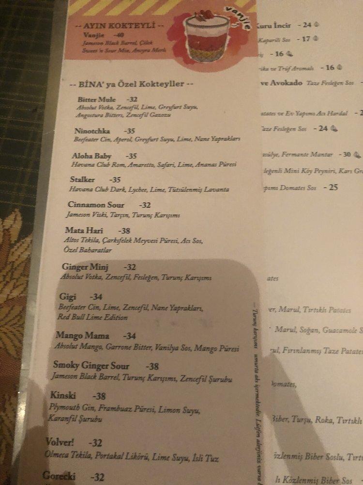 Menu at BİNA, Istanbul, Kadife Sk. No:26