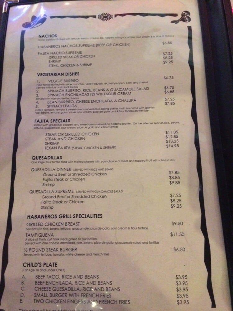 Menu at Habaneros Mexican Grill restaurant, Bessemer, Promenade Pkwy ...