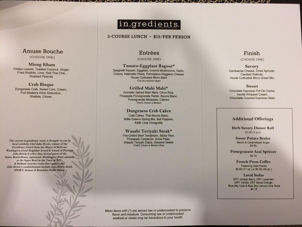 Menu at In.gredients restaurant, Redmond