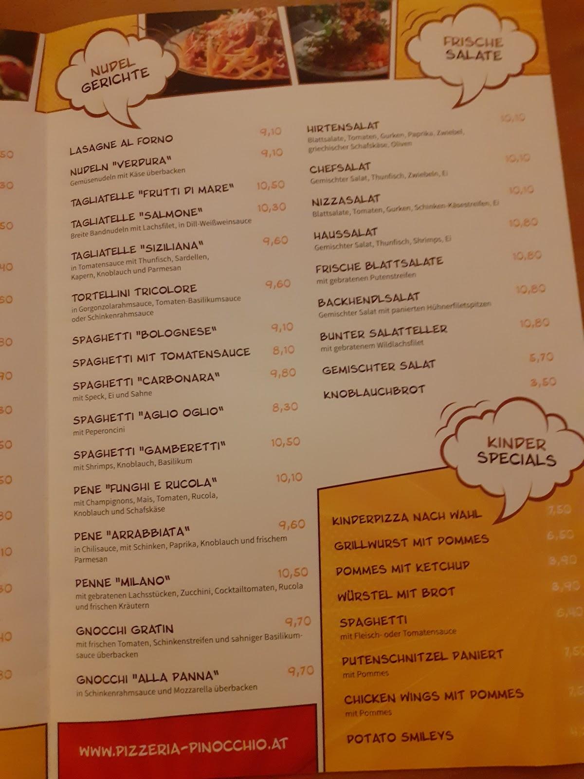 Speisekarte von Pizzeria Pinocchio, Filzmoos, Dorfstraße 6