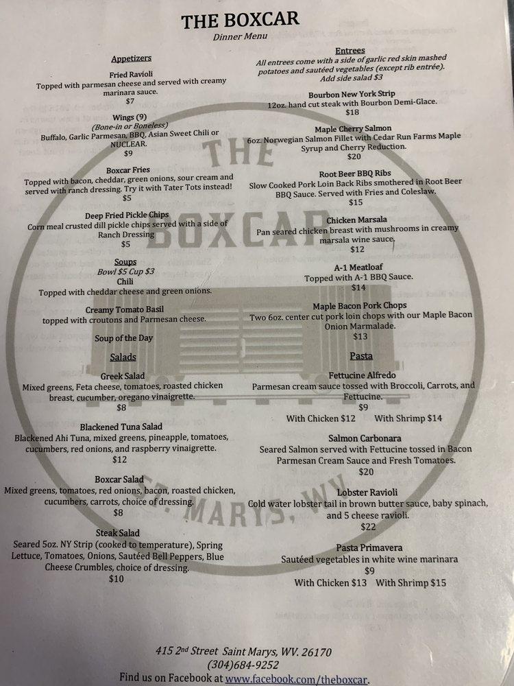 Menu at The Boxcar of Saint Marys restaurant, Saint Marys