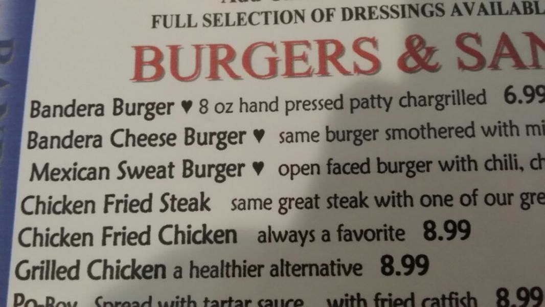 Menu at Bandera Grill restaurant, Huntsville