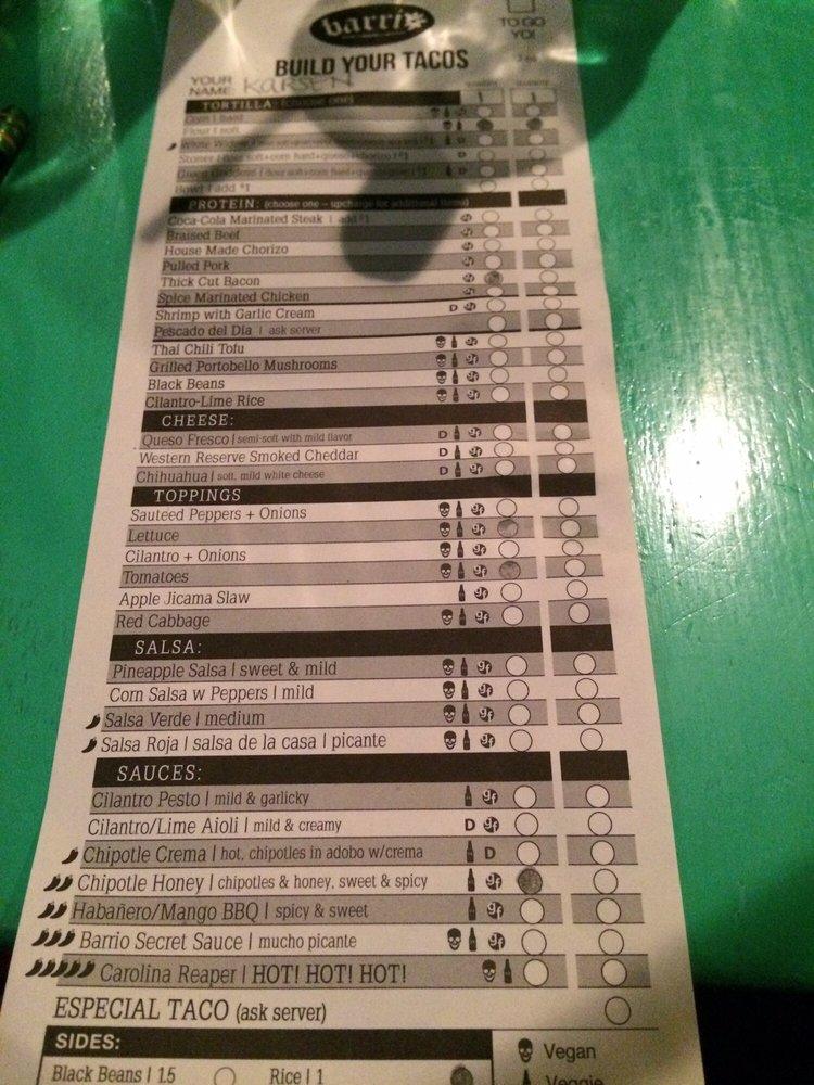 Menu at Barrio Gateway, Cleveland, 503 Prospect Ave E