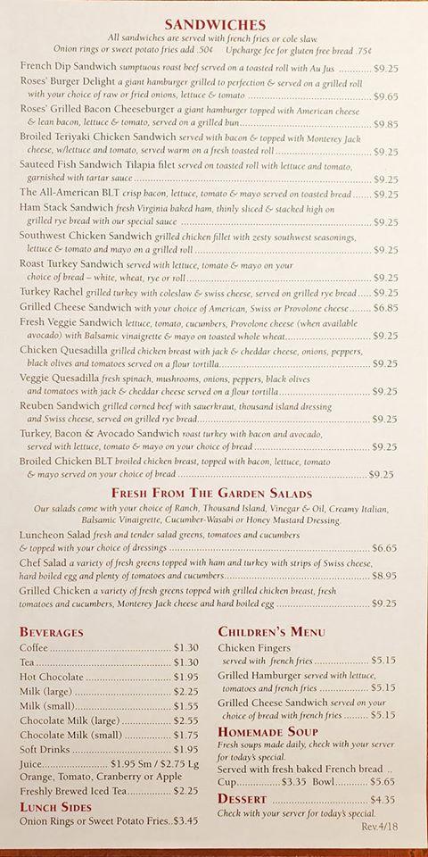 Menu at Roses Restaurant, Lee