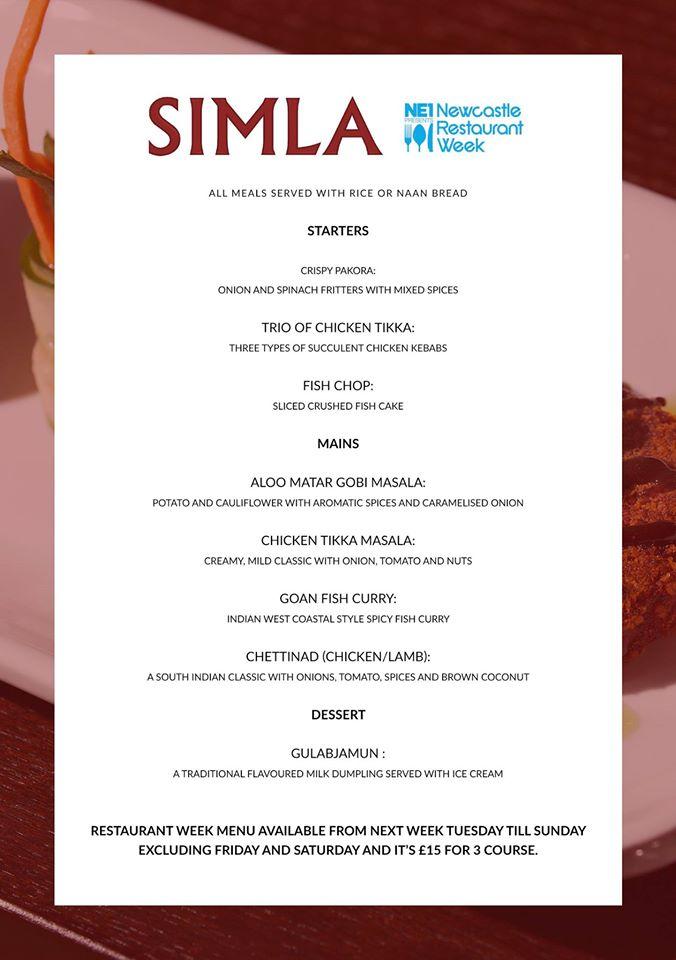 Menu at Simla Restaurant, Newcastle upon Tyne