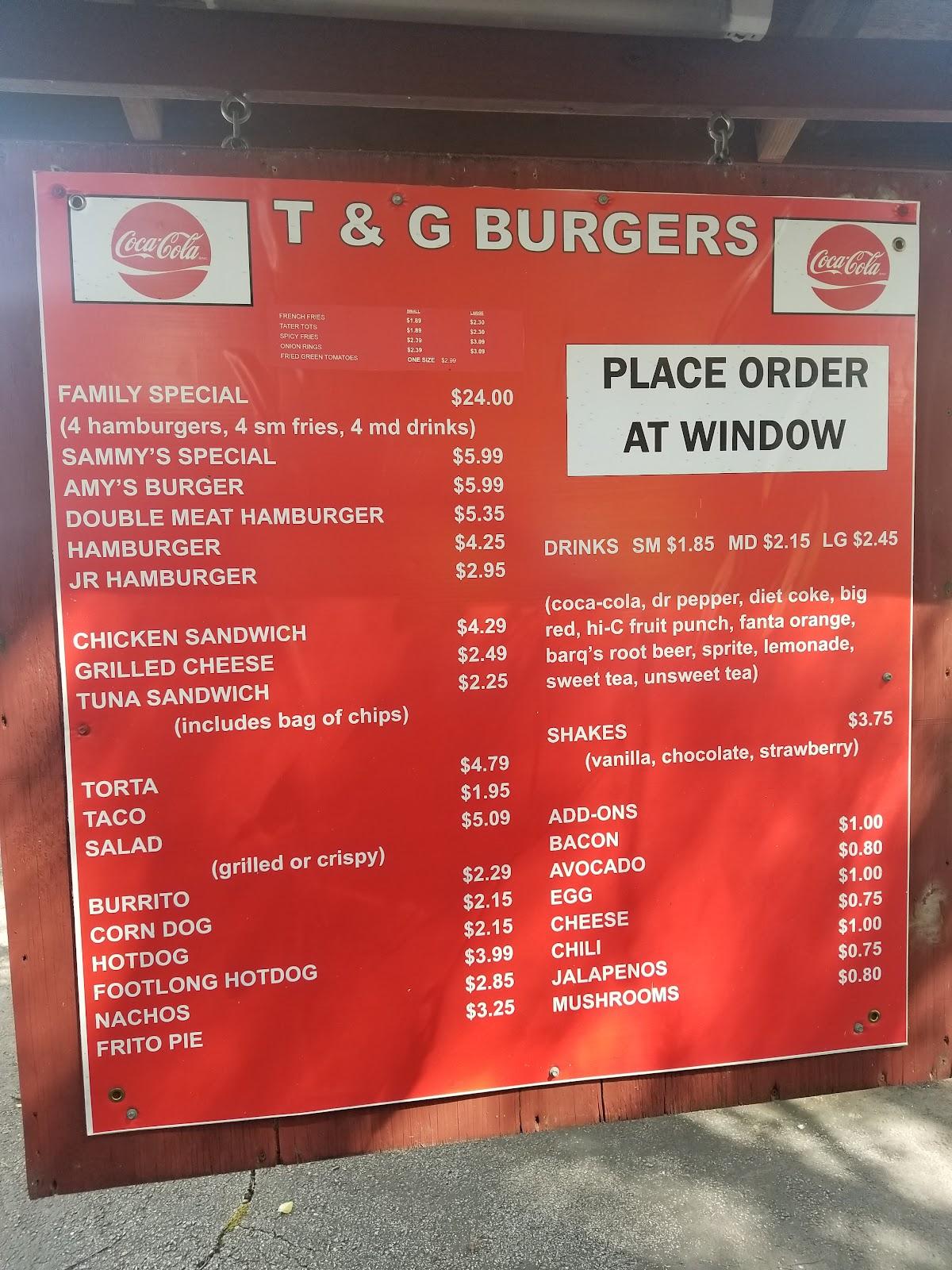 Menu at T & G Burger restaurant, Lufkin