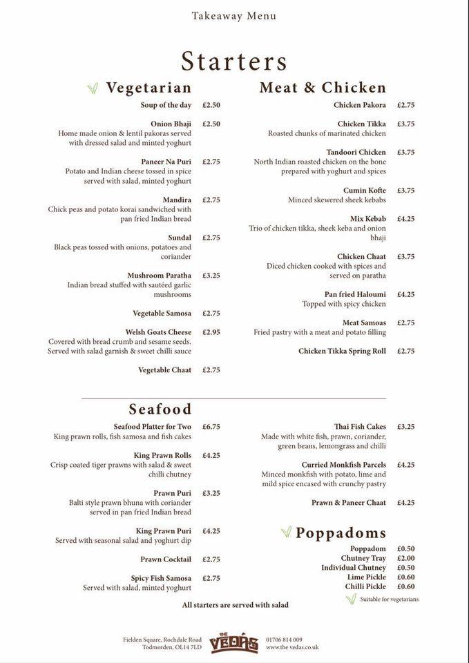 Menu at The Vedas restaurant, Todmorden