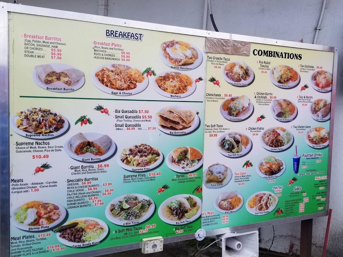 Menu at Tony's Taco Shop restaurant, Lebanon